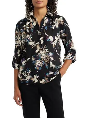 Anne Klein Floral Popover Crêpe De Chine Top - Anne Black Multi