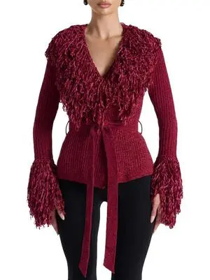 Naked Wardrobe Fringe Tie Waist Chenille Cardigan - Currant