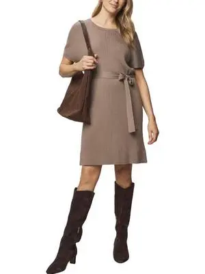 Splendid Ribbed Knit Sweater Dress With Tie Belt - Cedar Brown