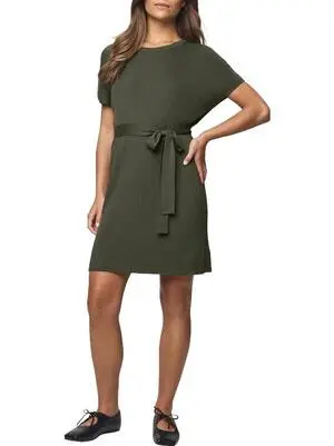 Splendid Ribbed Knit Sweater Dress With Tie Belt - Green Spruce