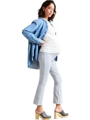 Hatch Collection The Maternity Bodyflex Crop Flare Legging Blue White Houndstooth