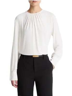 Vince Matte Jersey Gathered Blouse - White
