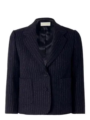 Dries Van Noten Cropped Pinstriped Wool Blazer Navy