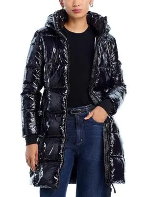 Aqua High Shine Puffer Coat With Hood - Onyx