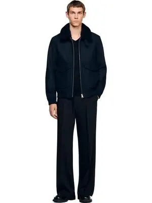 Sandro Wool Aviator Jacket With Shearling Collar - Navy Blue