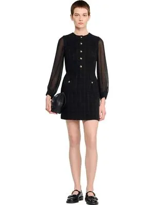 Sandro Mini Tweed Dress With Chiffon Sleeves - Black