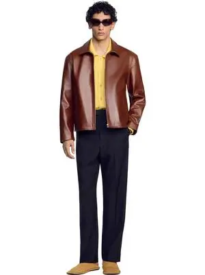 Sandro Leather Jacket With Wing Collar And Zip Fastening - Camel