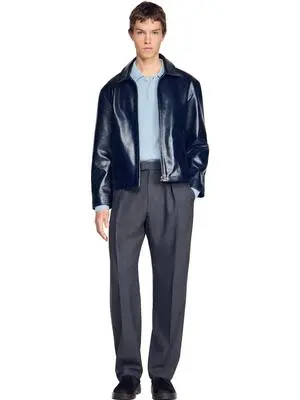 Sandro Leather Jacket With Wing Collar And Zip Fastening - Midnight Blue