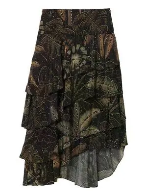 Farm Rio Foliage Tiered Printed Midi Skirt - Black