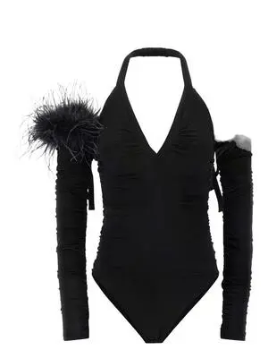 Pinko Feather-trimmed Halter Bodysuit - Black