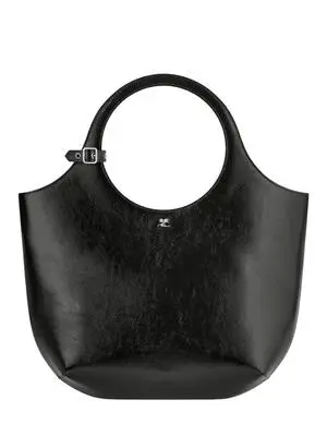 COURREGES Medium Holy Circular-handle Leather Tote Bag - Black