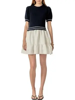 English Factory Mixed Media Mini Dress - Navy/white