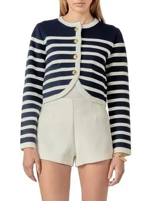 English Factory Stripe Crop Cardigan - Navy/off White