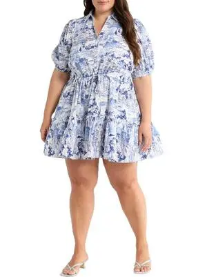 SUGARLIPS Francine Cotton Toile Minidress - White/blue