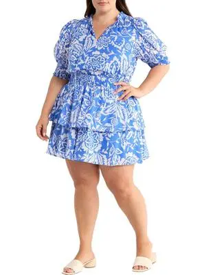 SUGARLIPS Floral Print Tiered Cotton Dress - Blue/white