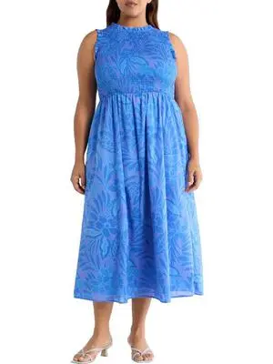 SUGARLIPS Floral Smocked Midi Dress - Blue