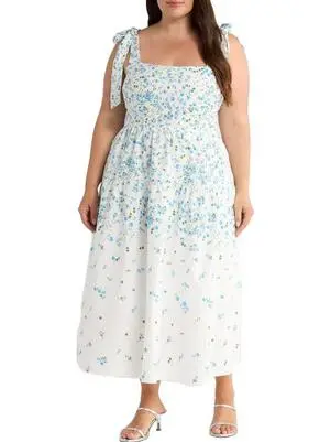 SUGARLIPS Floral Tie-strap Cotton Maxi Dress - White/blue/green