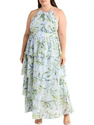 SUGARLIPS Serenade Tiered Halter Maxi Dress - Blue/white/greens