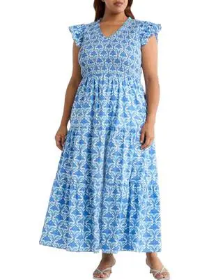 SUGARLIPS Sunfire Geo Floral Print Cotton Maxi Dress - Blue/white