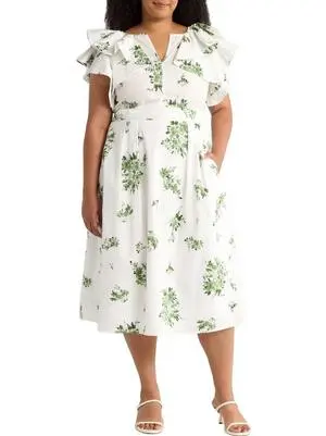 SUGARLIPS Ria Floral Tie-back Cotton Midi Dress - White/sage/emerald
