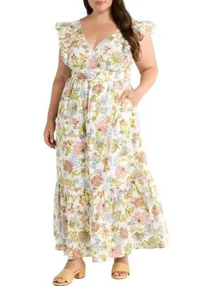 SUGARLIPS Floral Cotton Maxi Dress - Ivory/pink/green/blue