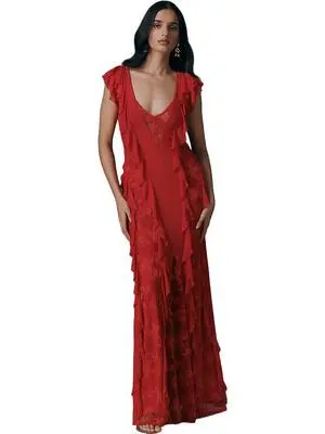 AFRM Trista Ruffle-sleeve V-neck Maxi Dress - Kiss Red