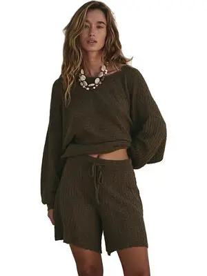 Free People Rowan Textured Knit Sweater Short Set Seaweed