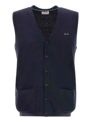 SUN 68 Embroidered Logo V-neck Gilet - Blue