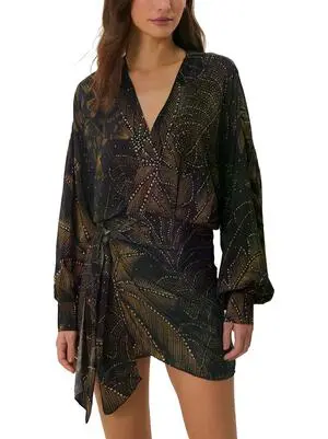 Farm Rio Foliage Wrap Mini Dress - Black