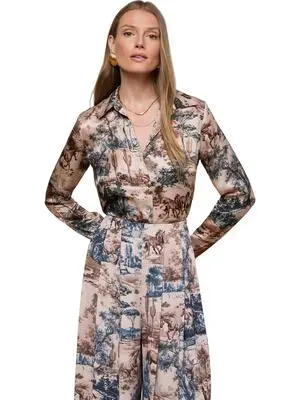 L'Agence Tyler Silk Button-Down Blouse Top Tan Multi Western Toile