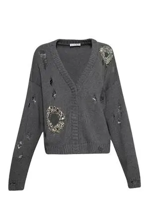 AREA Crystal-embellished Distressed Cardigan - Grey