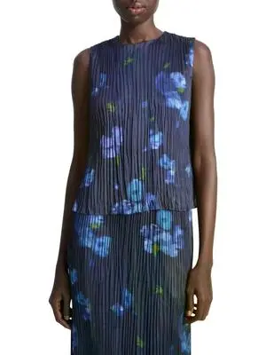 Vince Pleated Floral-print Top - Blue