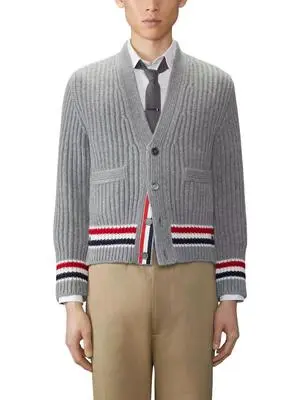 Thom Browne Cashmere Cardigan With Stripe Detail - Grey