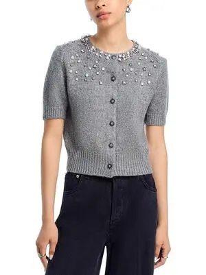 Aqua Embellished Cardigan Sweater - Heather Gray