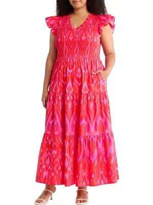 SUGARLIPS Ikat Print Smocked Maxi Dress - Red/pink/combo