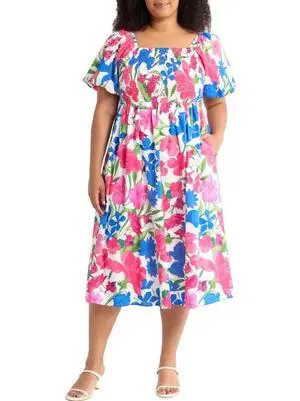 SUGARLIPS Floral Smocked Cotton Midi Dress - Pink/blue