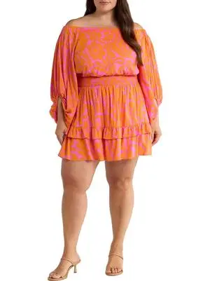 SUGARLIPS Floral Off-the-shoulder Mini Dress - Orange/fuchsia