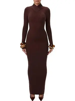 Naked Wardrobe Ribbed Long Sleeve Sweater Dress - Dark Chocolate
