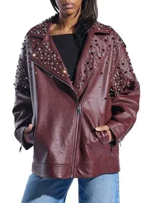 AZALEA WANG Crystal Studded Faux Leather Moto Jacket - Burgundy