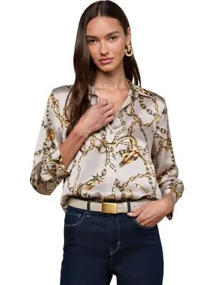 L'Agence Dani Silk Blouse Smoke Grey/gold Long Horn Chain