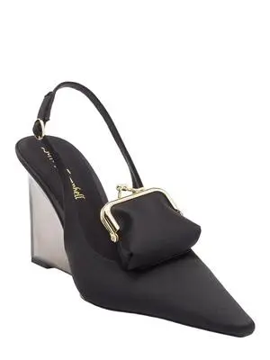 Jeffrey Campbell Pay Me Slingback Wedge Pumps Black Satin Combo
