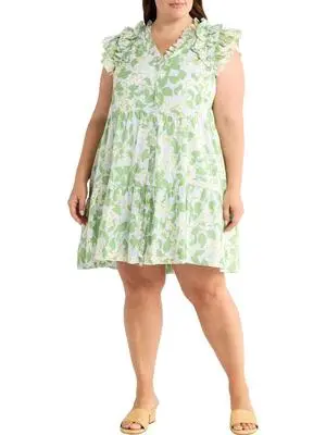 SUGARLIPS Floral Cotton Tiered Dress - Light Blue/green