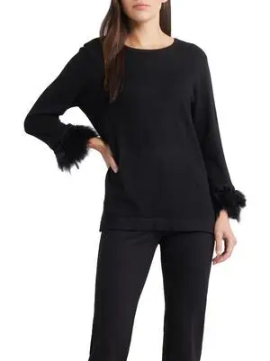 Anne Klein Long Sleeve Knit Top With Feather Cuff - Anne Black