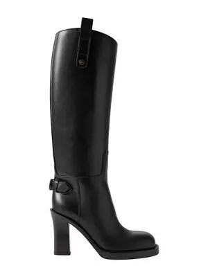 Burberry Buckled Leather Knee High Boots - Black