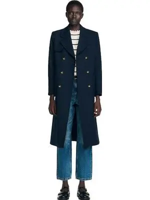 Sandro Long Double-breasted Coat - Blue / Navy