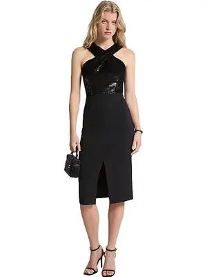 Michael Kors Sequined And Crepe Halter Midi Dress - Black