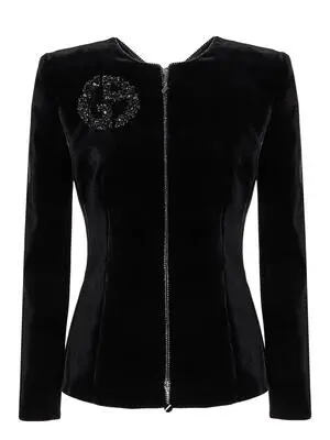 Giorgio Armani Velvet Zip-up Jacket With Bow Detail And Embroidery - Black