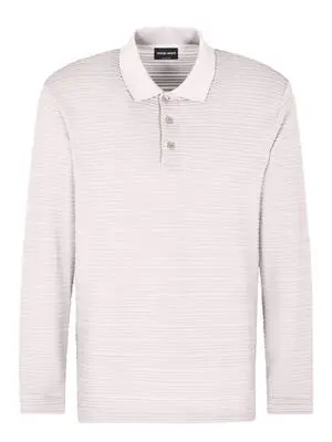 Giorgio Armani Long-sleeved Polo Shirt In Wool Jersey With A Stripe Motif - Beige