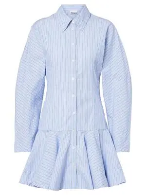 GANNI Striped Cotton Shirt Dress - Blue