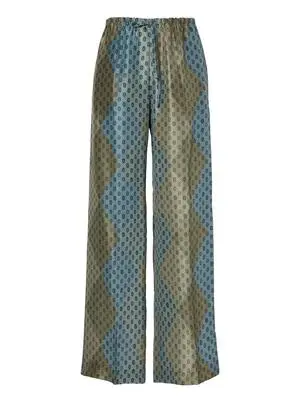 Dries Van Noten Printed Silk Satin Straight Pants - Blue